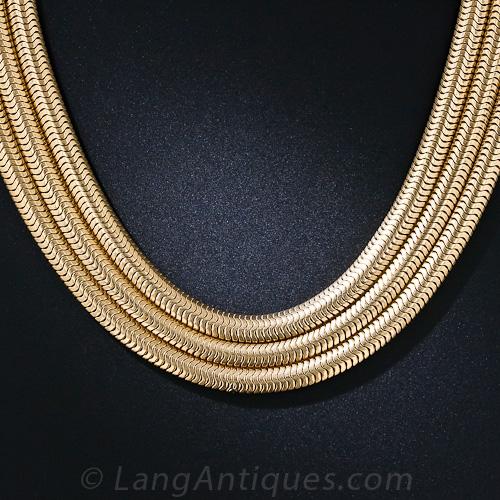 Retro Triple Strand Gold Snake Chain Necklace