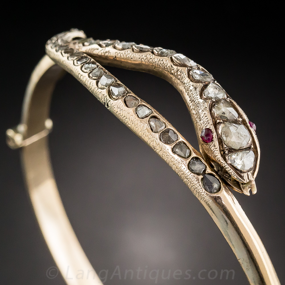Rose-Cut Diamond Snake Bangle Bracelet