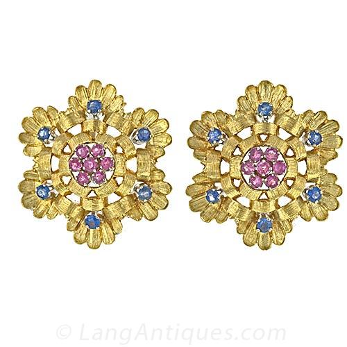 Ruby and Sapphire Clip Earrings