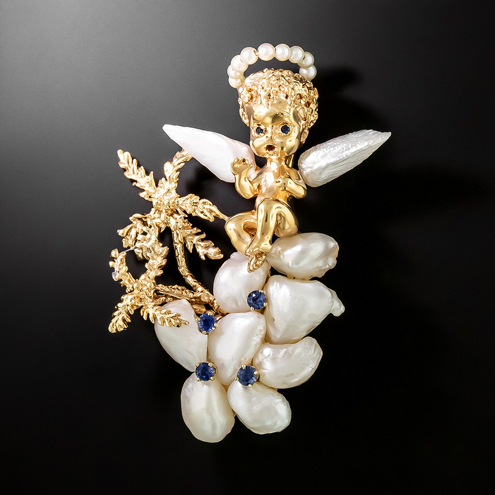 Ruser Angel Freshwater Pearl and Sapphire Brooch