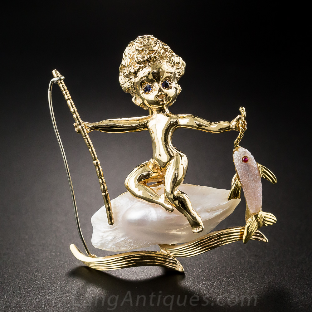 Ruser Freshwater Pearl Fisher Boy Brooch