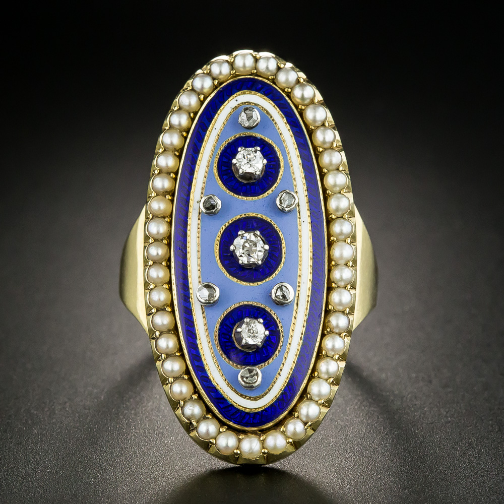 Russian Enamel Locket Ring with Diamonds and Pearls