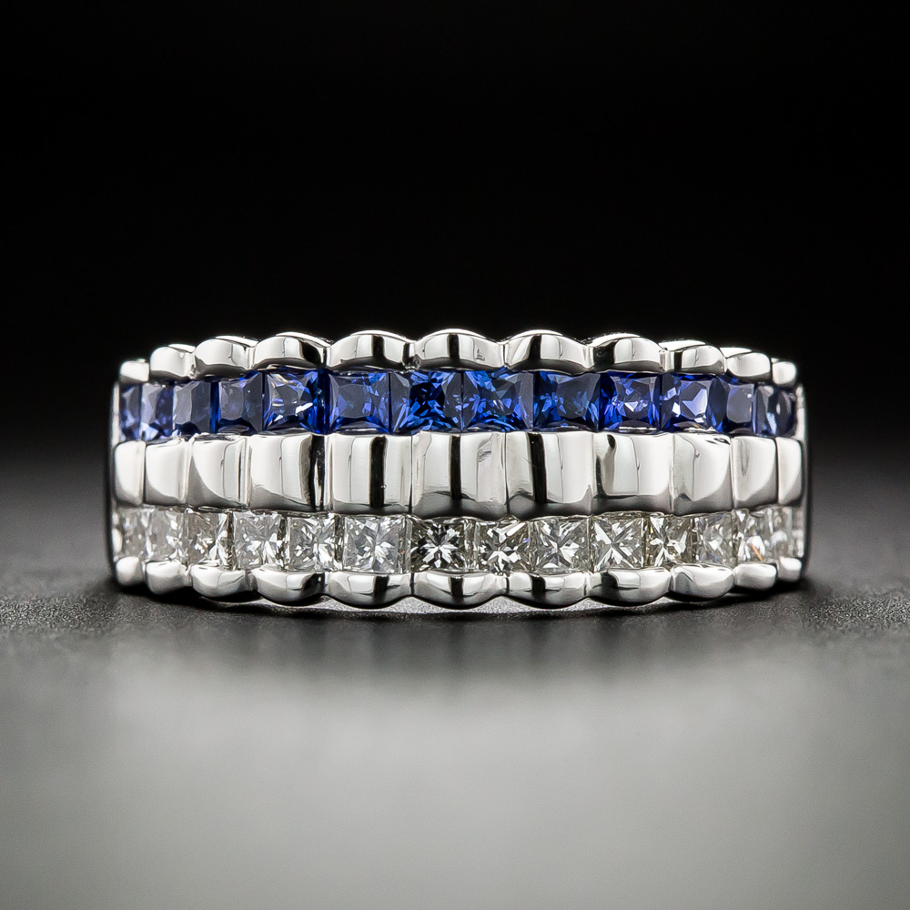 Sapphire and Diamond Ribbed Band Ring