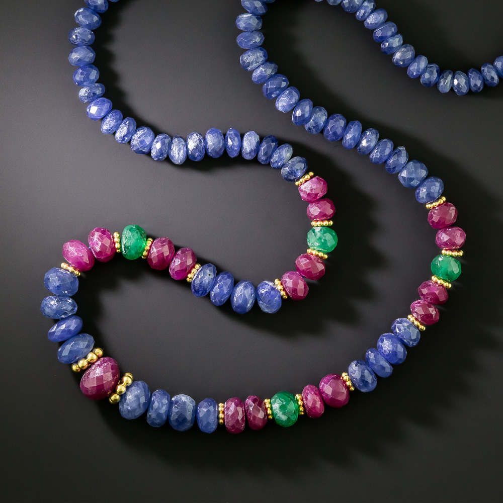 Sapphire, Ruby, and Emerald Bead Necklace