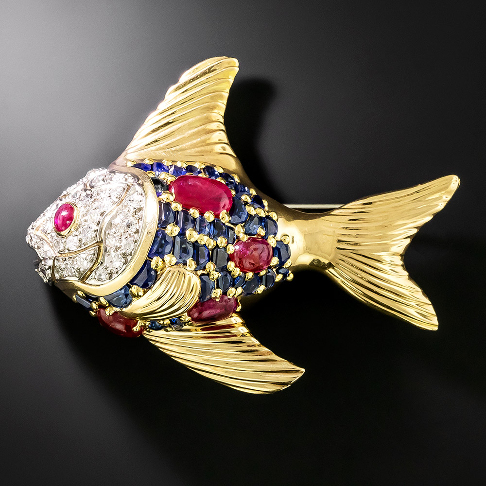 Seaman Schepps Sapphire, Ruby and Diamond Goldfish Brooch