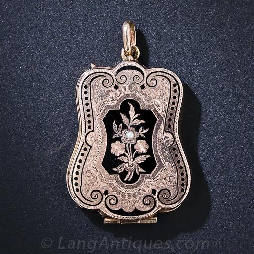 Shield Pearl and Enamel Locket, Circa 1870