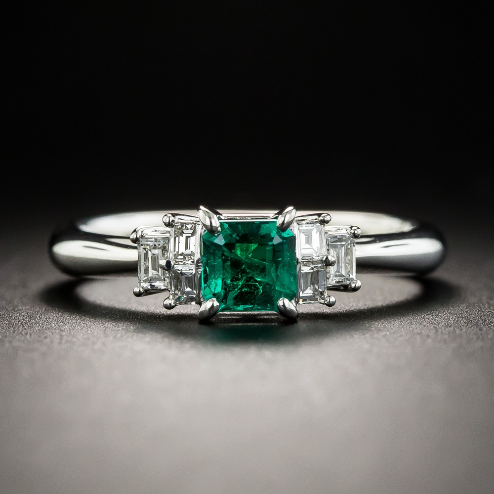 Small Emerald and Baguette Diamond Platinum Ring