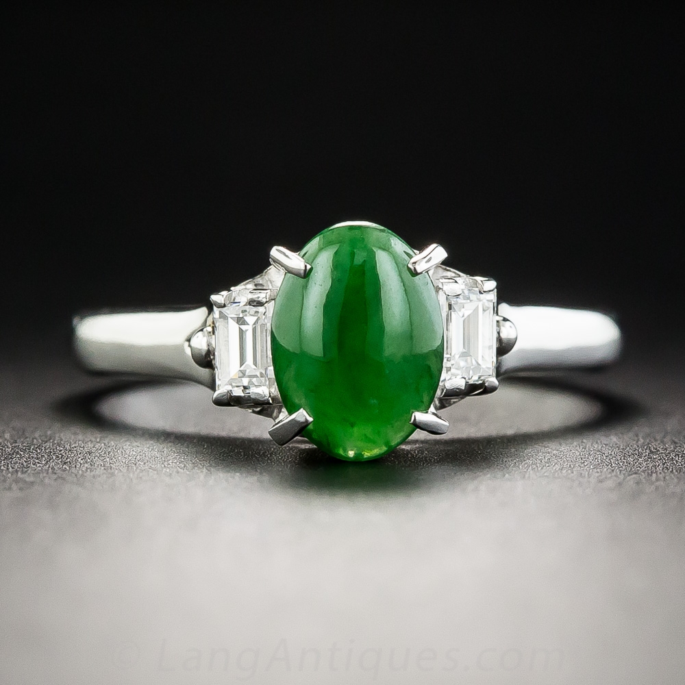 Small Natural Burma Jade Platinum and Diamond Ring