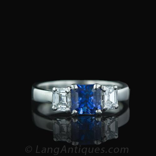 Square Cut Sapphire and Diamond Three Stone Ring