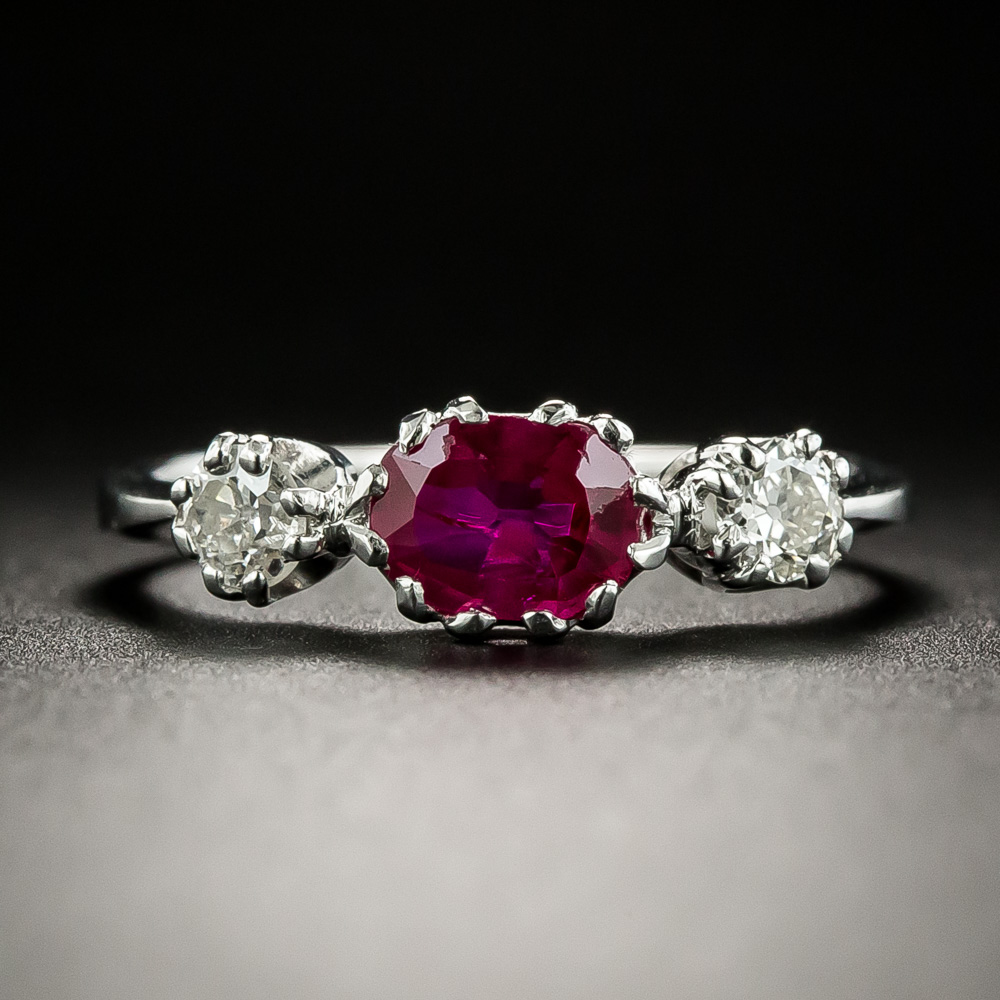 Swedish No-Heat Burmese Ruby and Diamond Three-Stone Ring - GIA