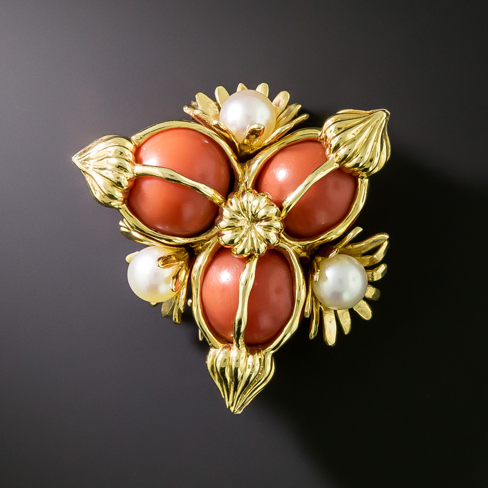 Tiffany & Co./Schlumberger Coral and Cultured Pearl Acorn Clip Brooch
