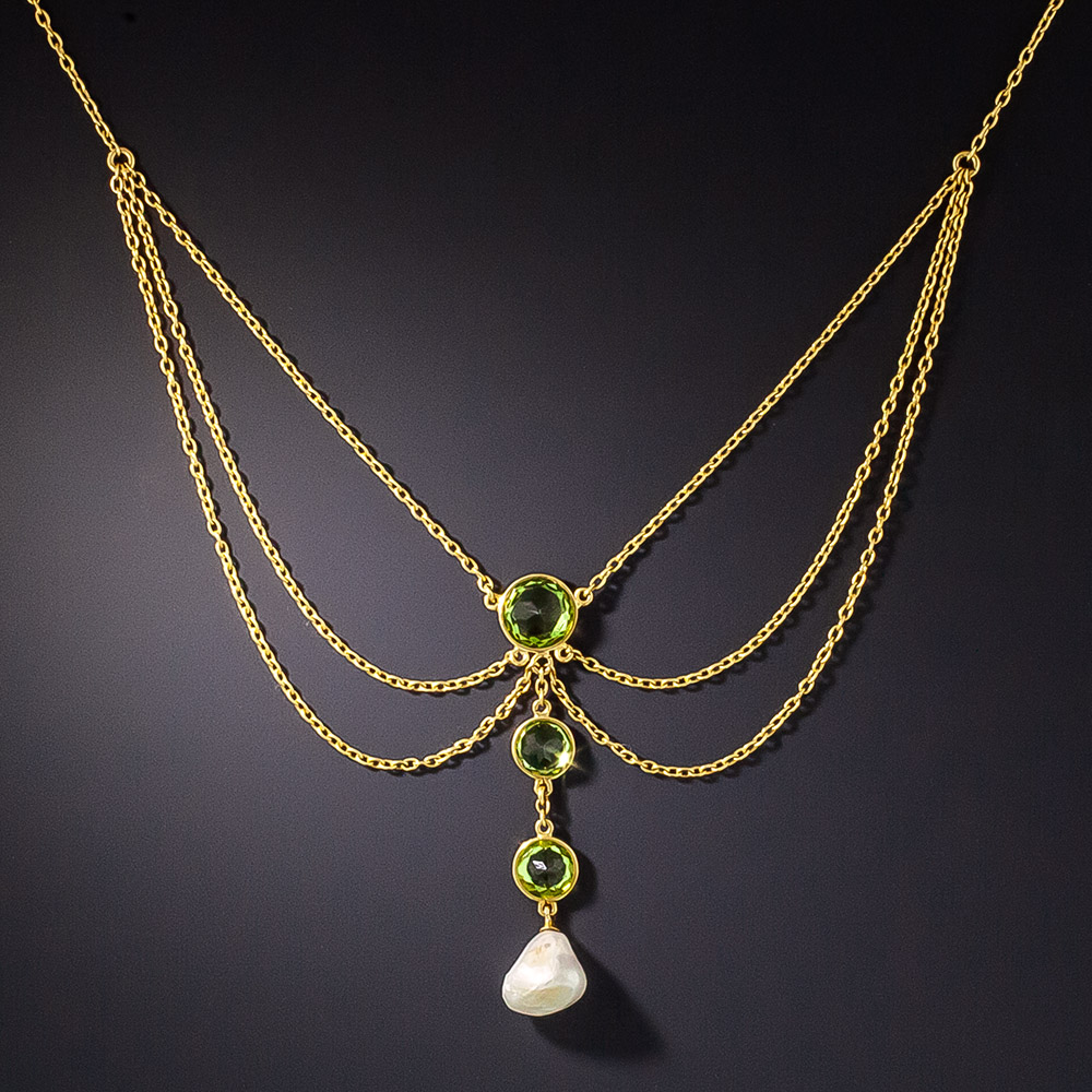 Triple Peridot and Pearl Necklace, Circa 1900