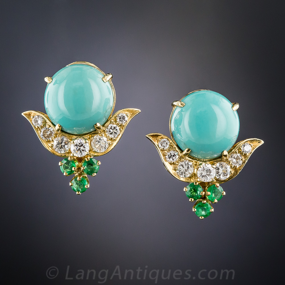 Turquoise, Diamond and Emerald Earrings