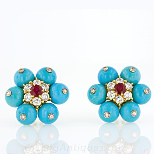 Turquoise Ruby and Diamond Earrings
