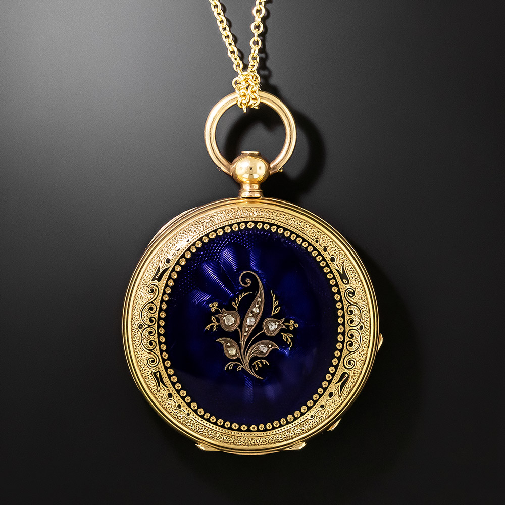Victorian 18K Blue Enamel and Diamond Pendant Watch, by C. Vernez