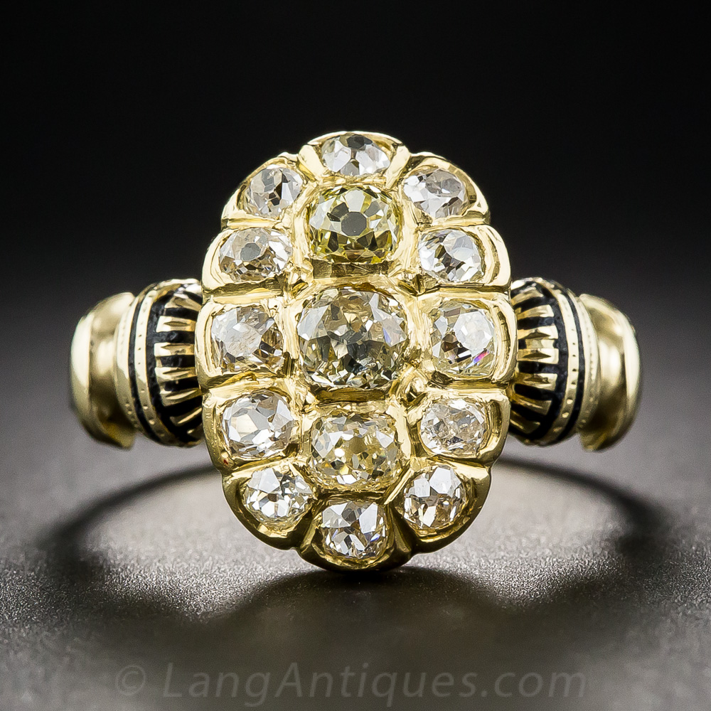 Victorian 18K Yellow Gold Diamond and Enamel Dinner Ring, size 7 1/4