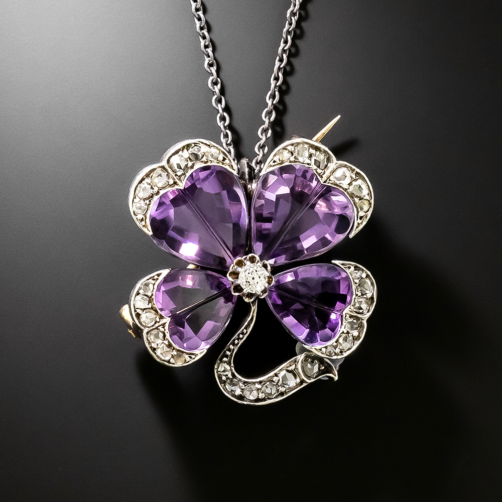 Victorian Amethyst and Diamond Shamrock Pendant/Brooch