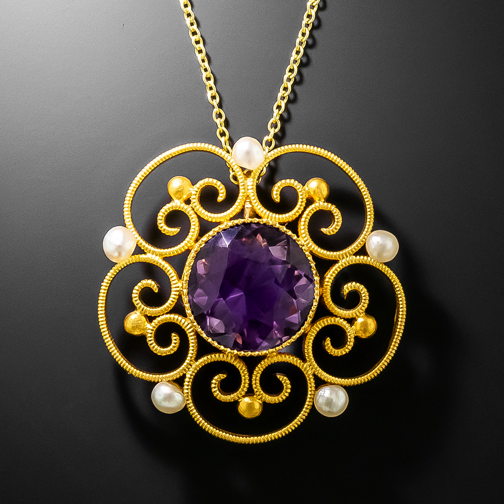 Victorian Amethyst and Freshwater Pearl Scroll Pendant