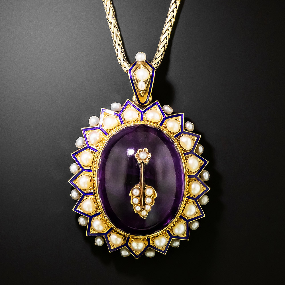 Victorian Amethyst, Natural Pearl, and Blue Enamel Pendant Locket