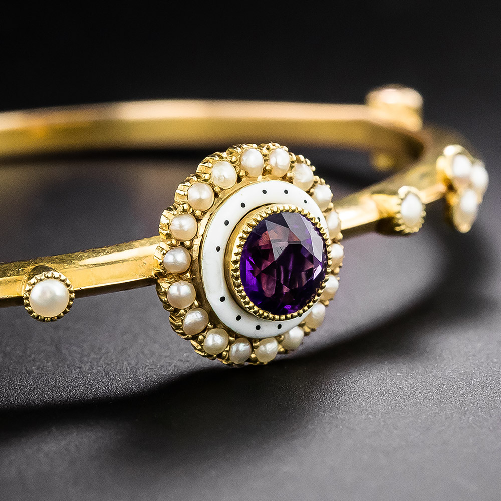 Victorian Amethyst, Seed Pearl, and White Enamel Bangle Bracelet