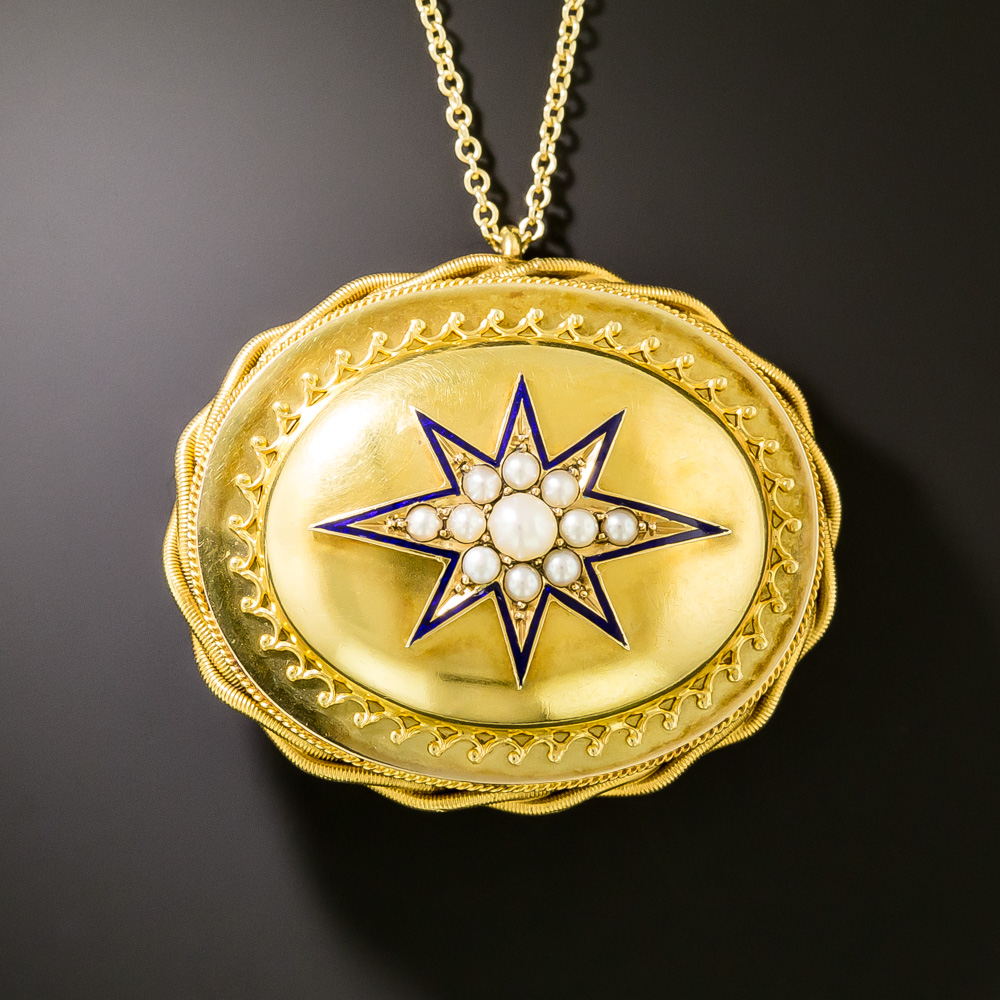 Victorian Blue Enamel Star and Pearl Locket Pendant/Brooch