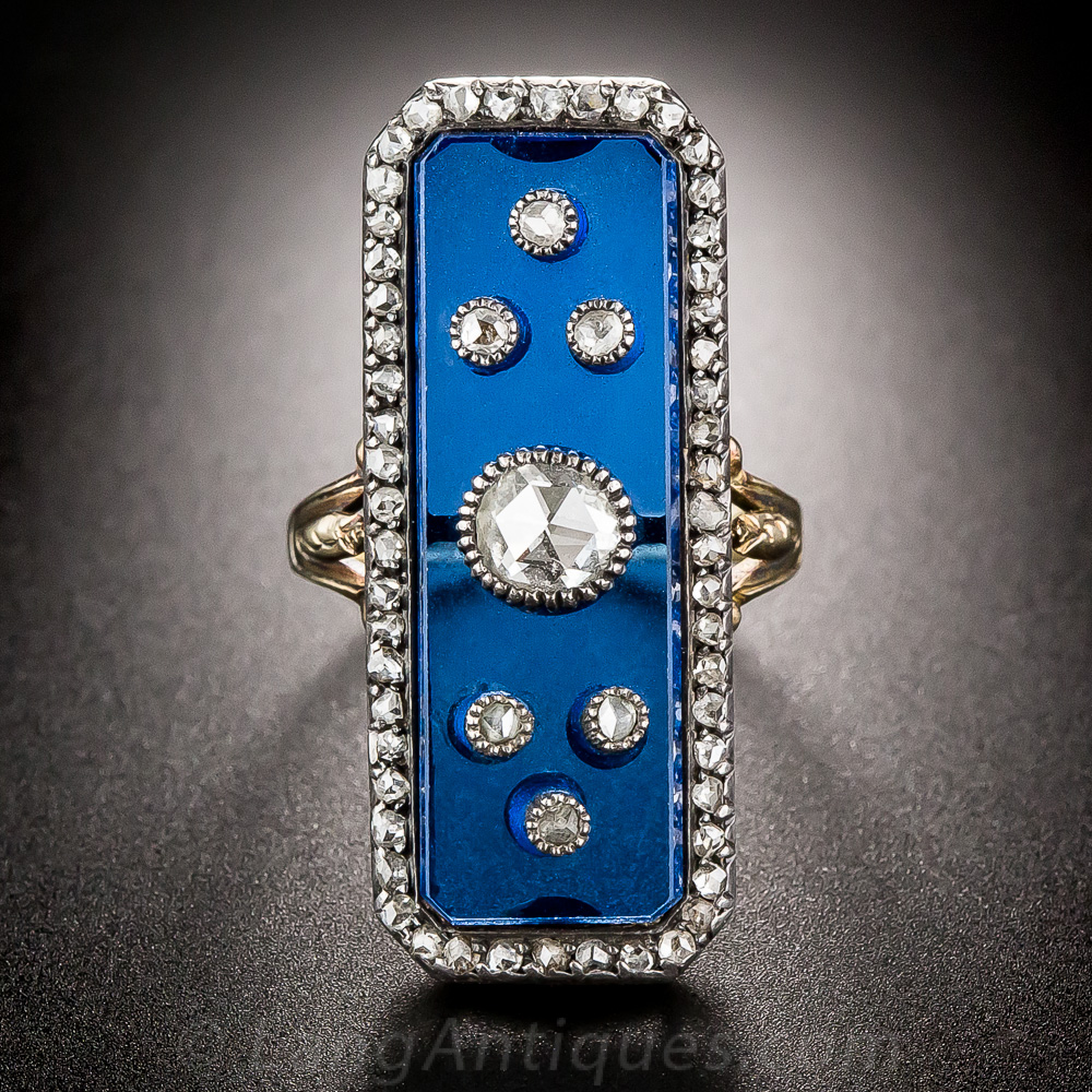 Victorian Blue Glass and Diamond Dinner Ring