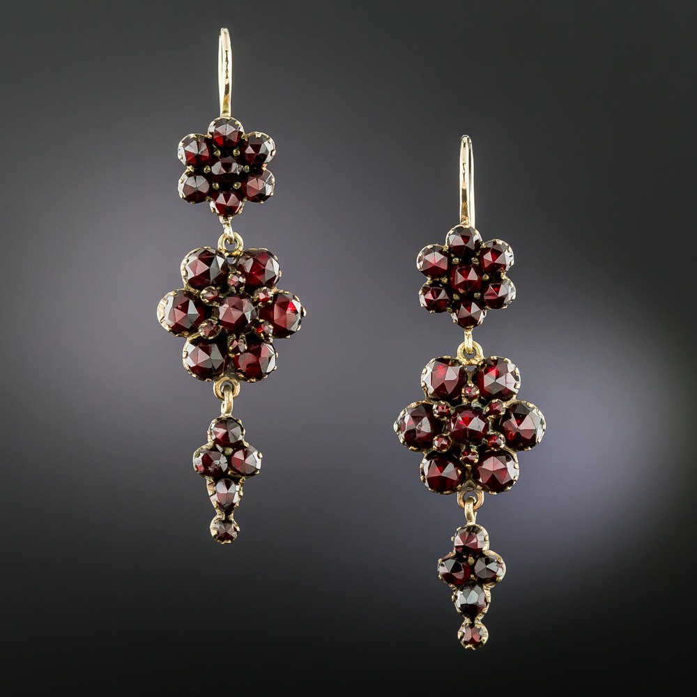 Victorian Bohemian Garnet Cluster Dangle Earrings