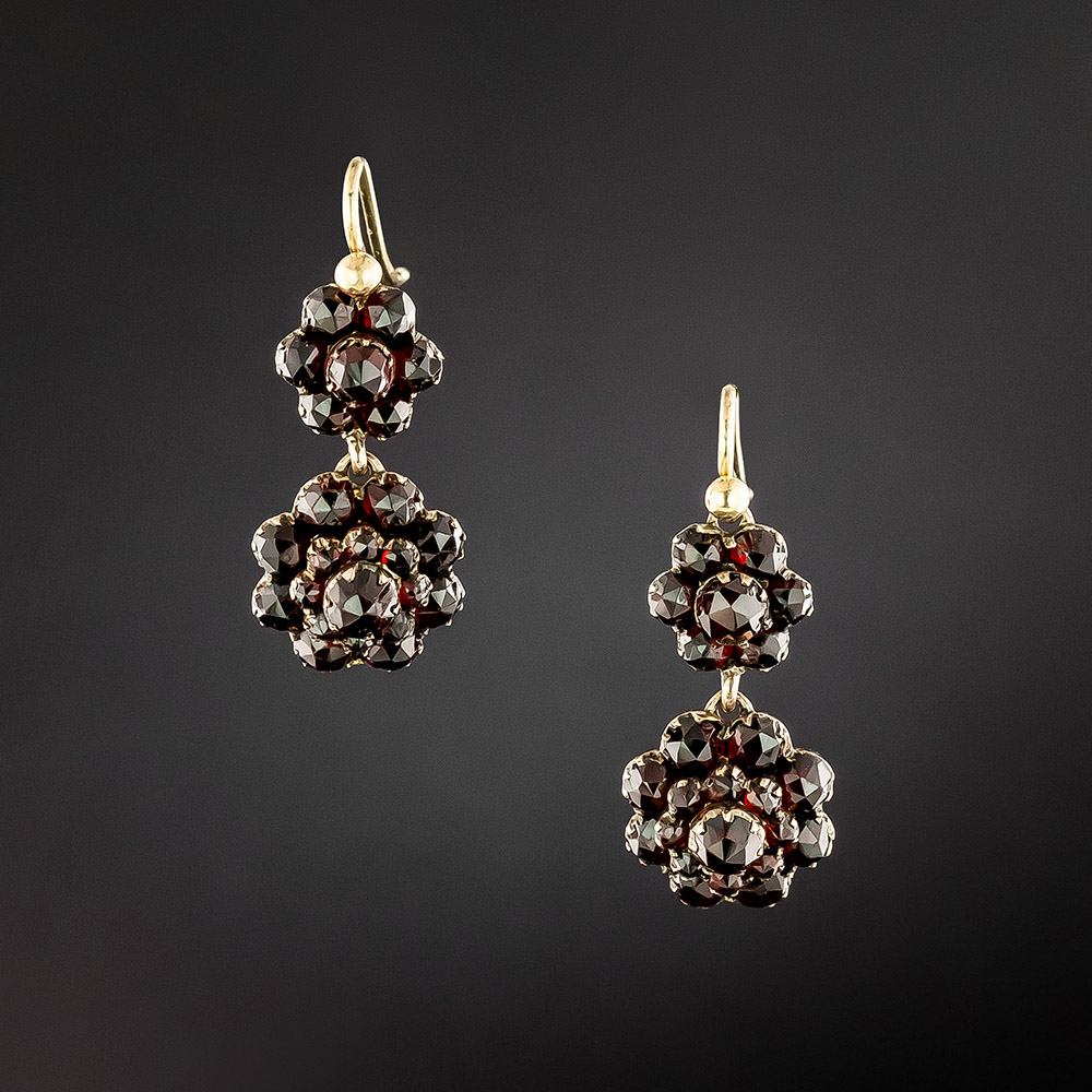 Victorian Bohemian Garnet Double Cluster Dangle Earrings