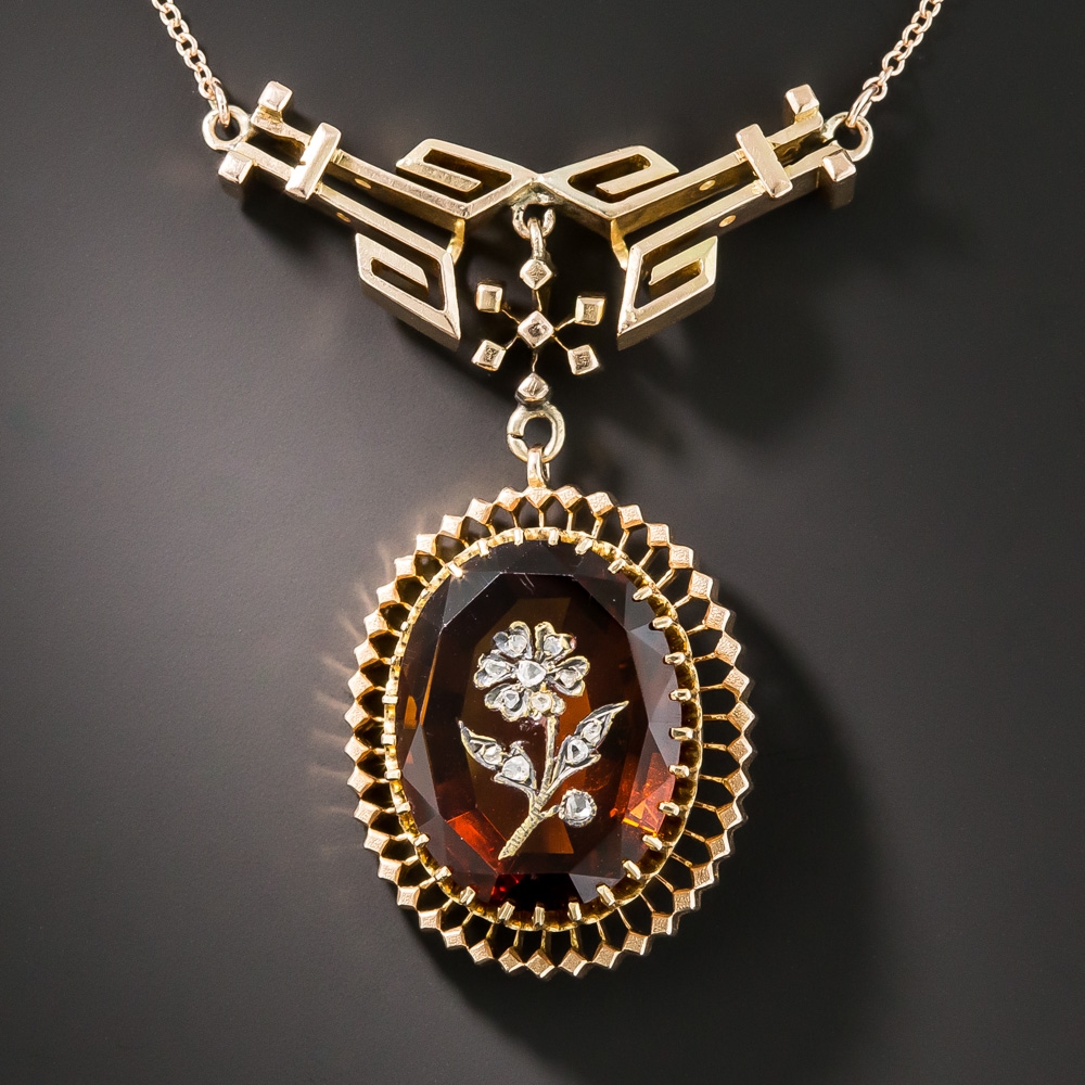 Victorian Citrine Flower Intaglio Necklace