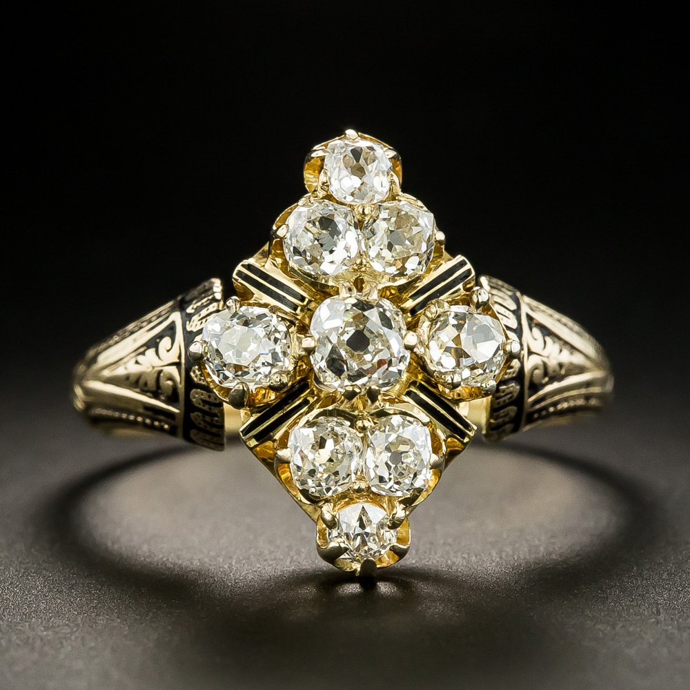 Victorian Cluster Diamond And Enamel Dinner Ring, Size 9 3/4