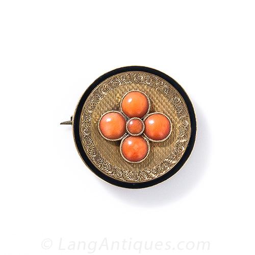 Victorian Coral and Enamel Circle Pin