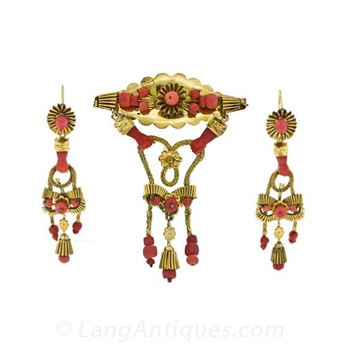 Victorian Coral Pin and Earrings