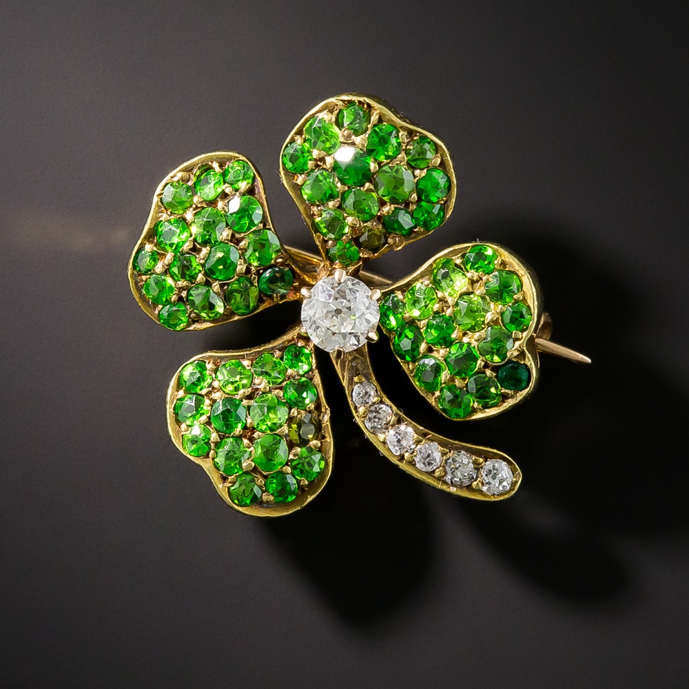 Victorian Demantoid and Diamond Four-Leaf Clover Pin
