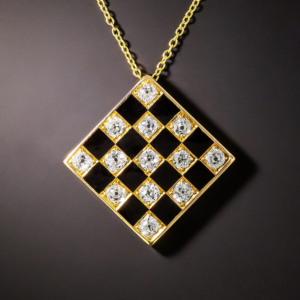 Victorian Diamond and Black Enamel Checkerboard Pendant