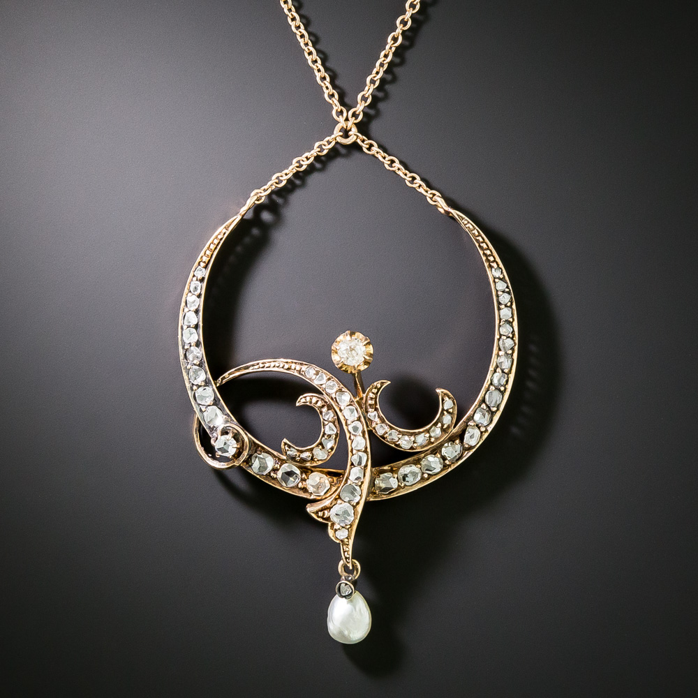 Victorian Diamond and Natural Pearl Crescent Necklace