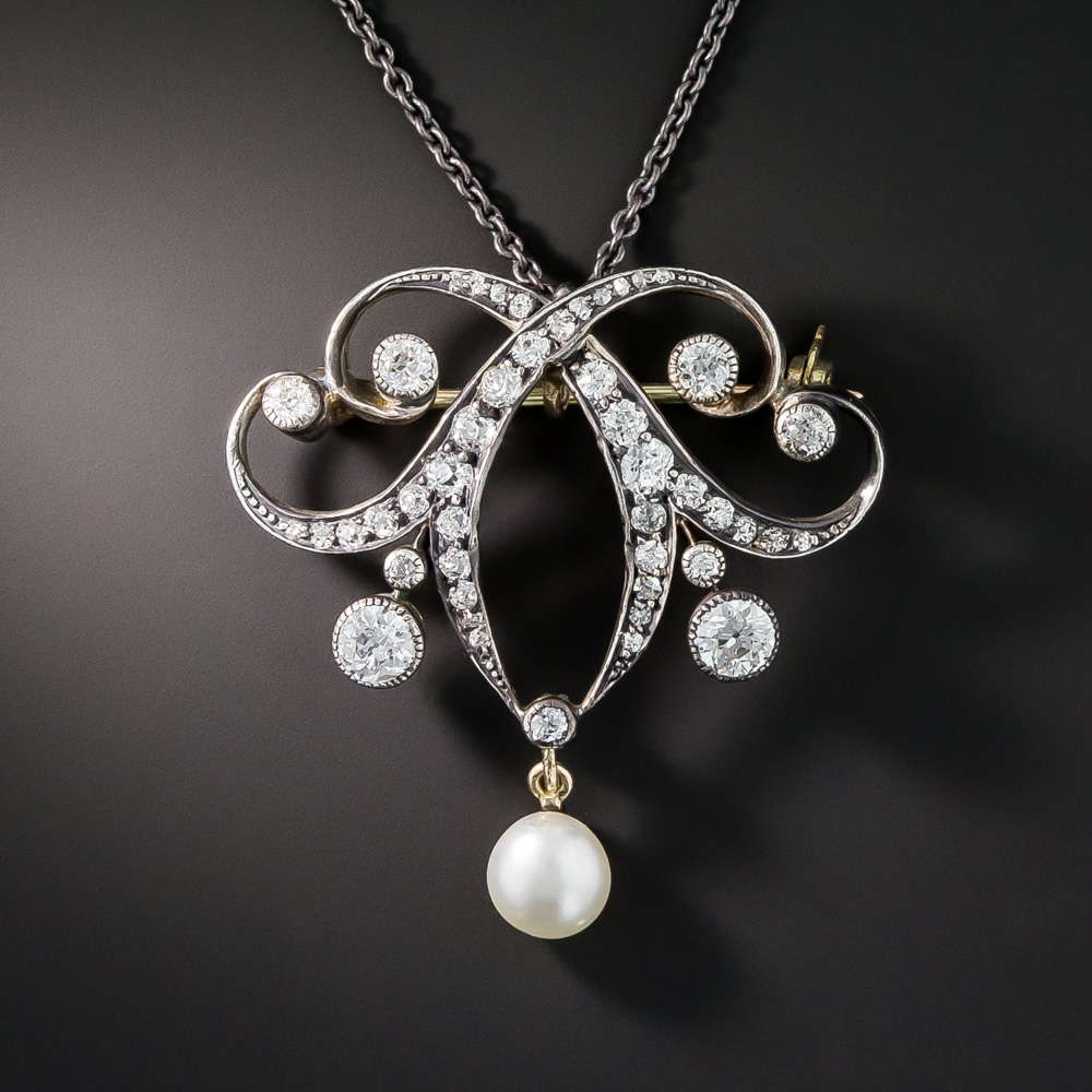 Victorian Diamond and Natural Pearl Lavalière/Brooch