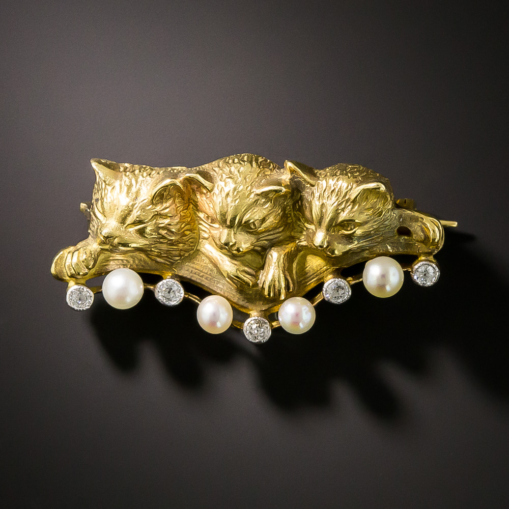 Victorian Diamond and Pearl Kitten Pin