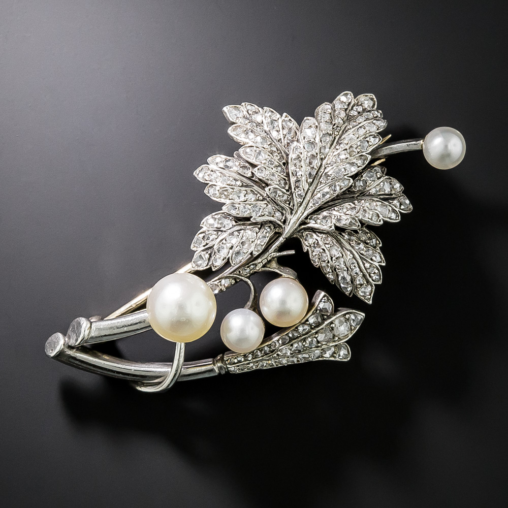Victorian Diamond and Pearl Leaf Brooch