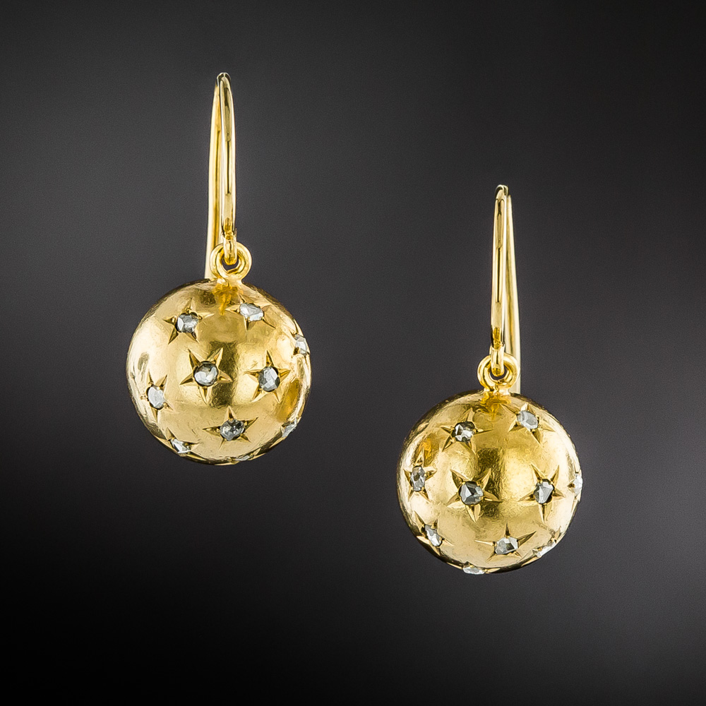 Victorian Diamond-Studded Ball Dangle Earrings