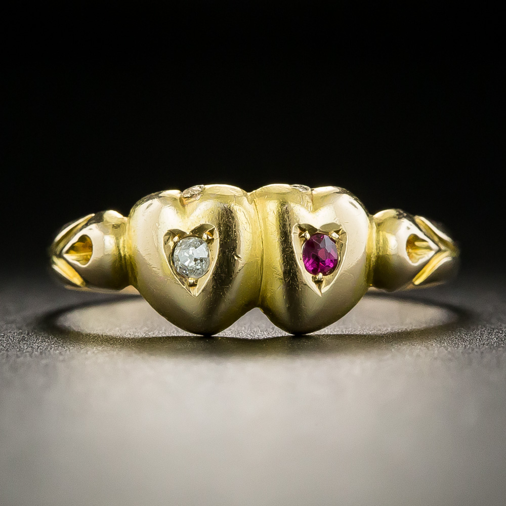 Victorian Double-Heart Ruby and Diamond Ring