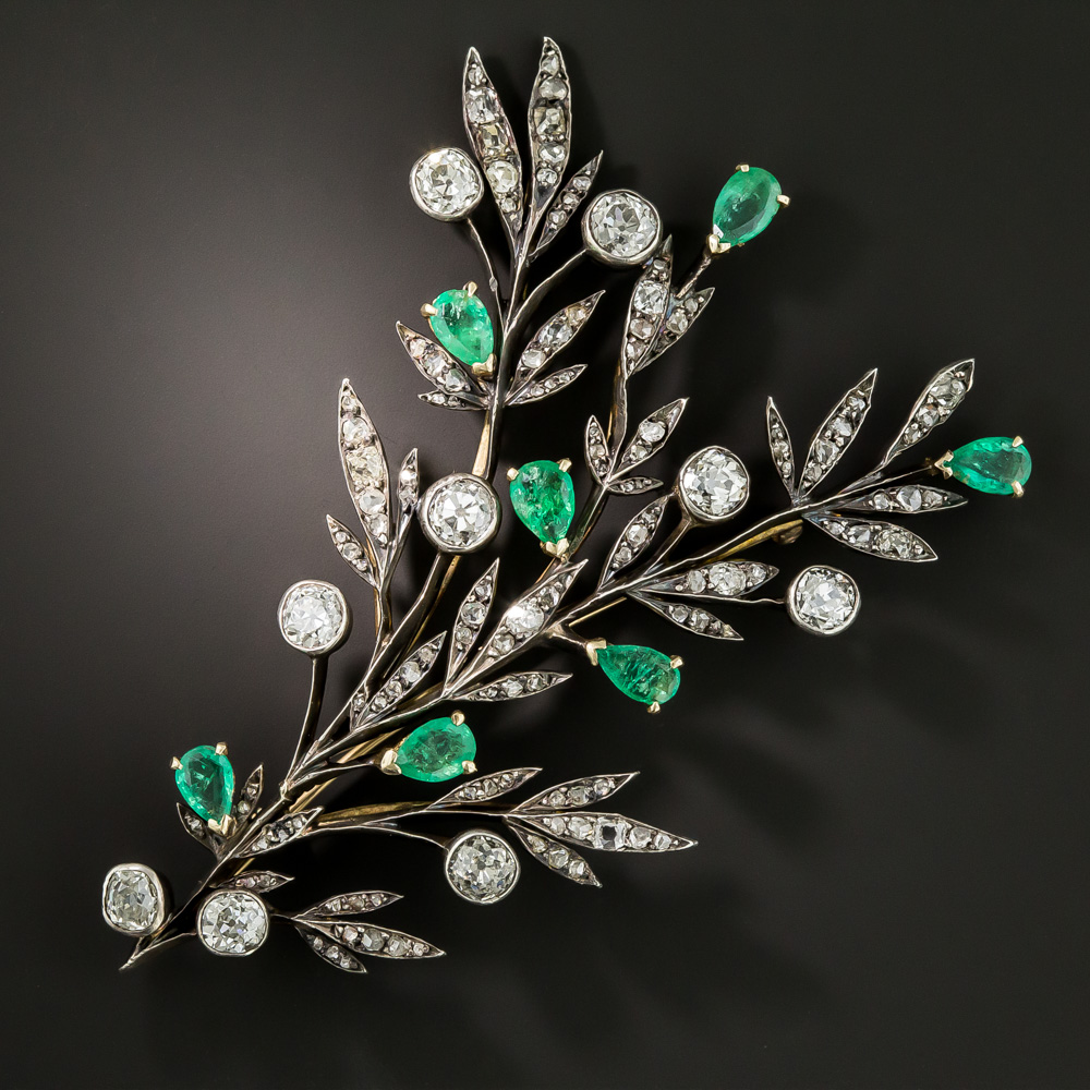 Victorian Emerald and Diamond Branch Brooch