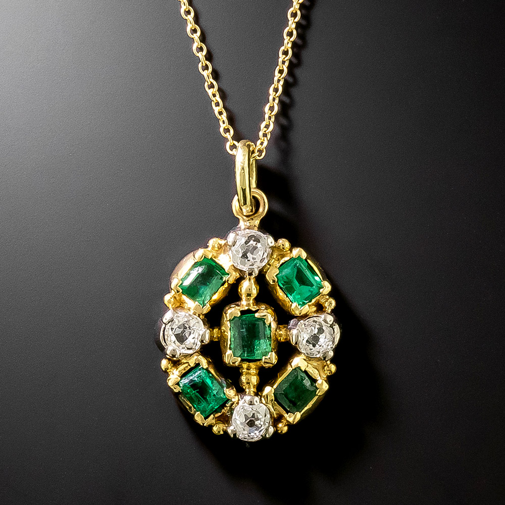 Victorian Emerald And Diamond Pendant Necklace