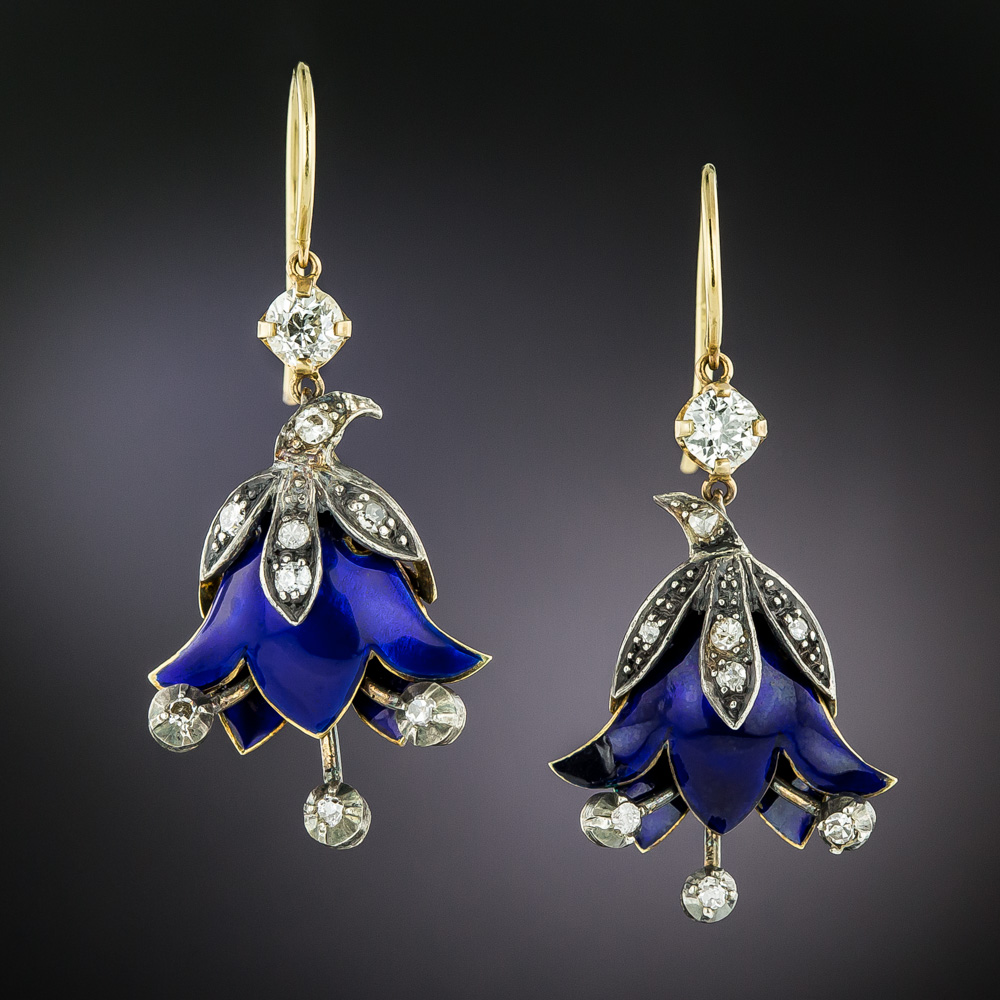 Victorian Enamel and Diamond Bluebell Flower Earrings