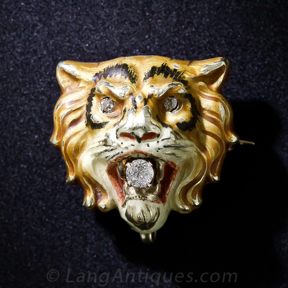 Victorian Enamel and Diamond Tiger Pin