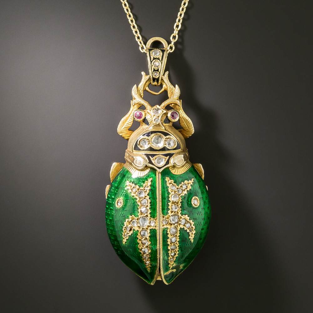 Victorian Enamel Beetle Watch Pendant