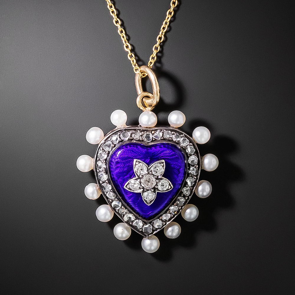 Victorian Enamel, Diamond and Pearl Locket Necklace