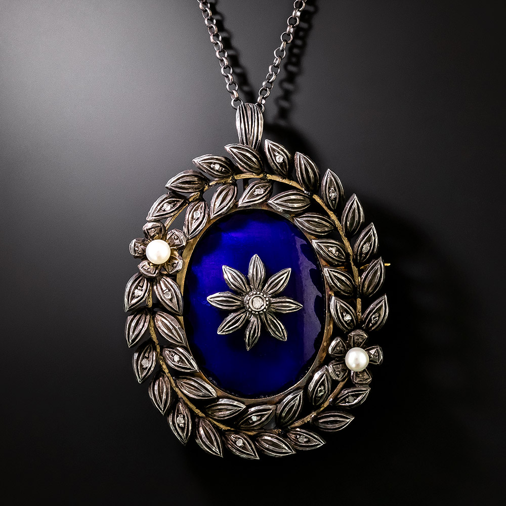 Victorian Enamel, Pearl and Diamond Wreath Pendant/Brooch