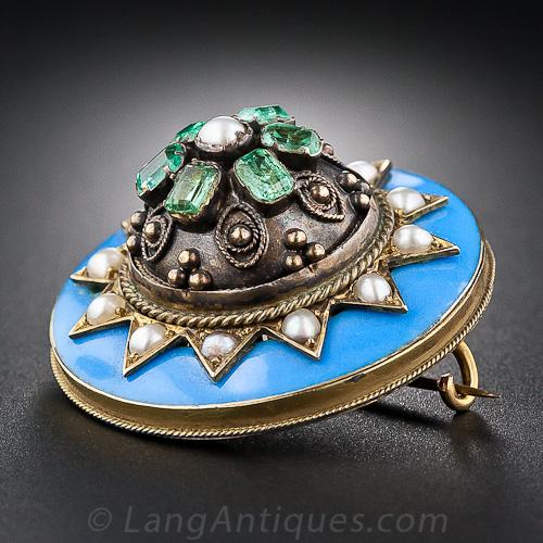 Victorian Enamel, Seed Pearl and Emerald Pin