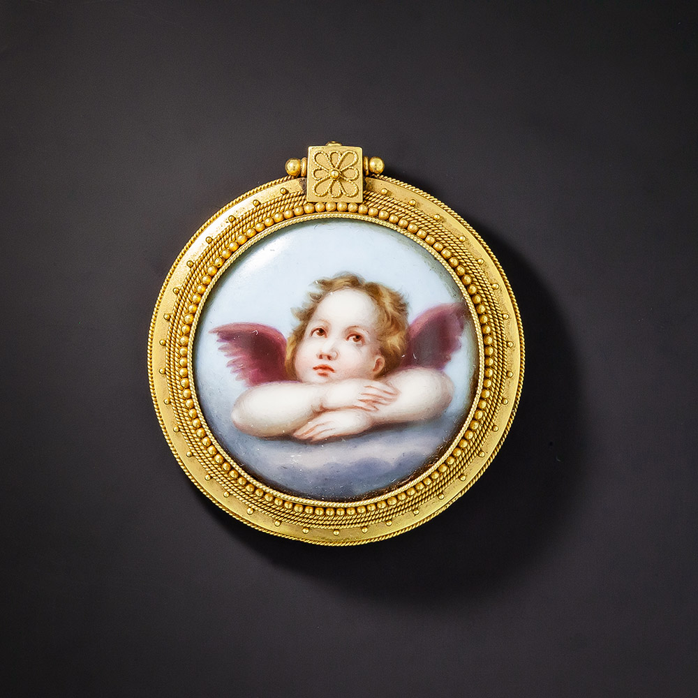 Victorian Enameled Angel Locket Brooch