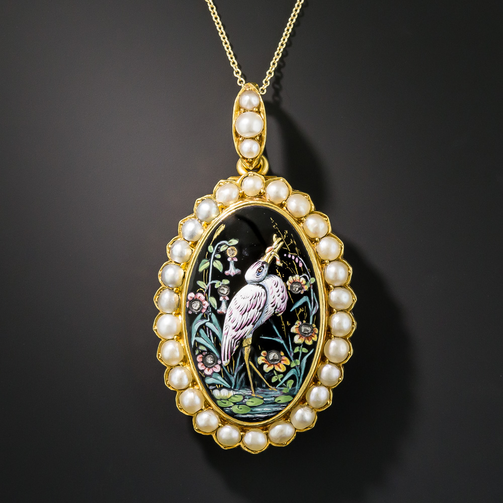 Victorian Enameled Crane Pendant/Brooch